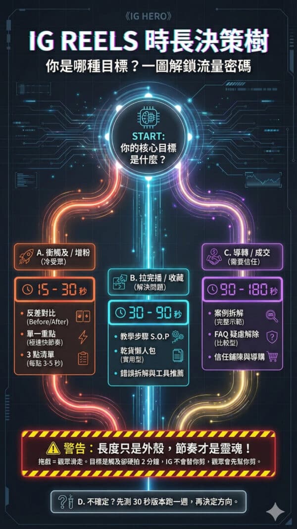 2026 IG影片長度怎麼選？Reels 15–180 秒決策樹＋完播率提升 SOP